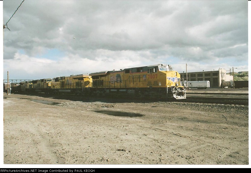 Close up of UP 7807 and UP 7902 pulling out of G.R., Wy.
